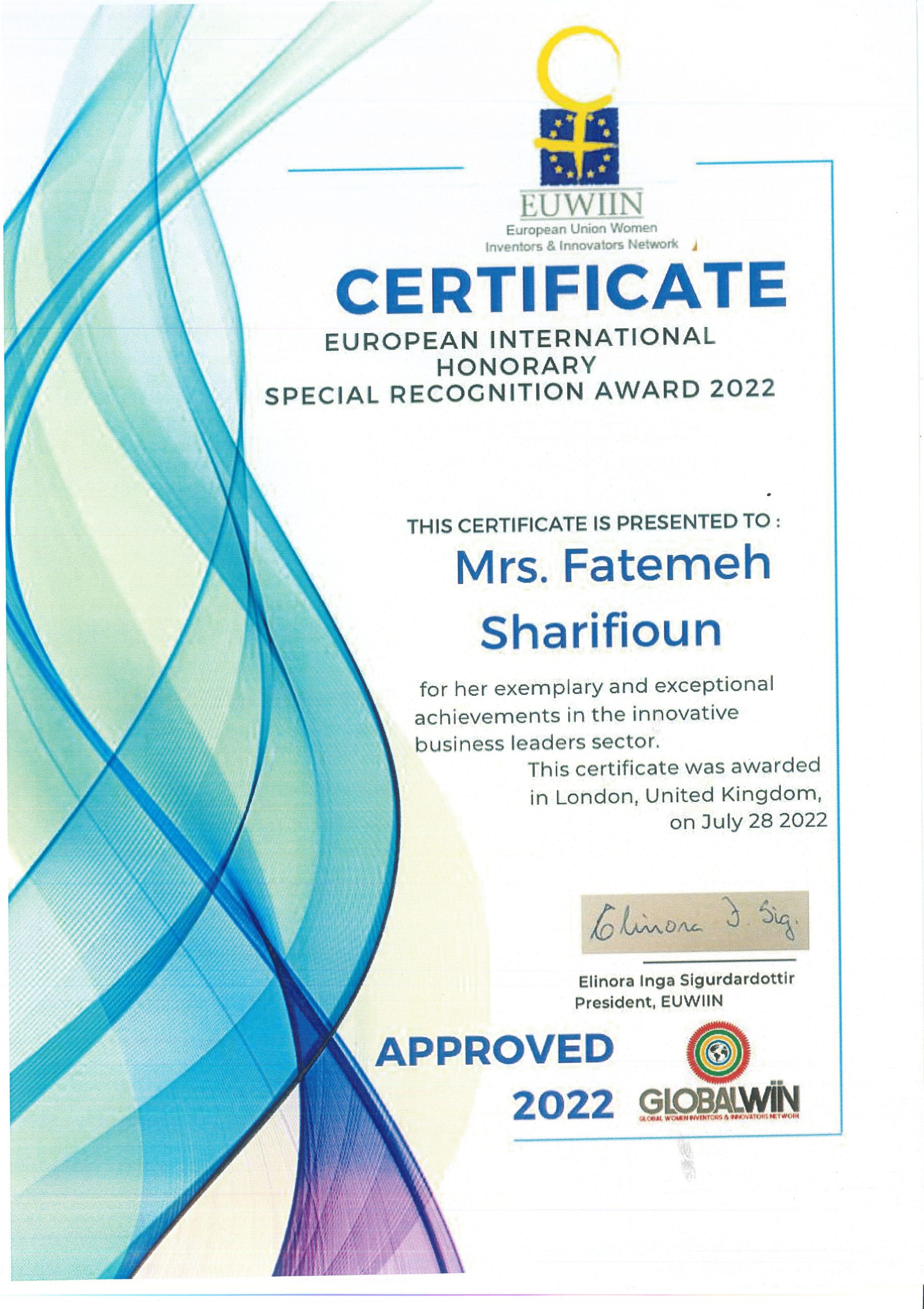 Certificate and Awards - Inv. Bahareh Sharifioun