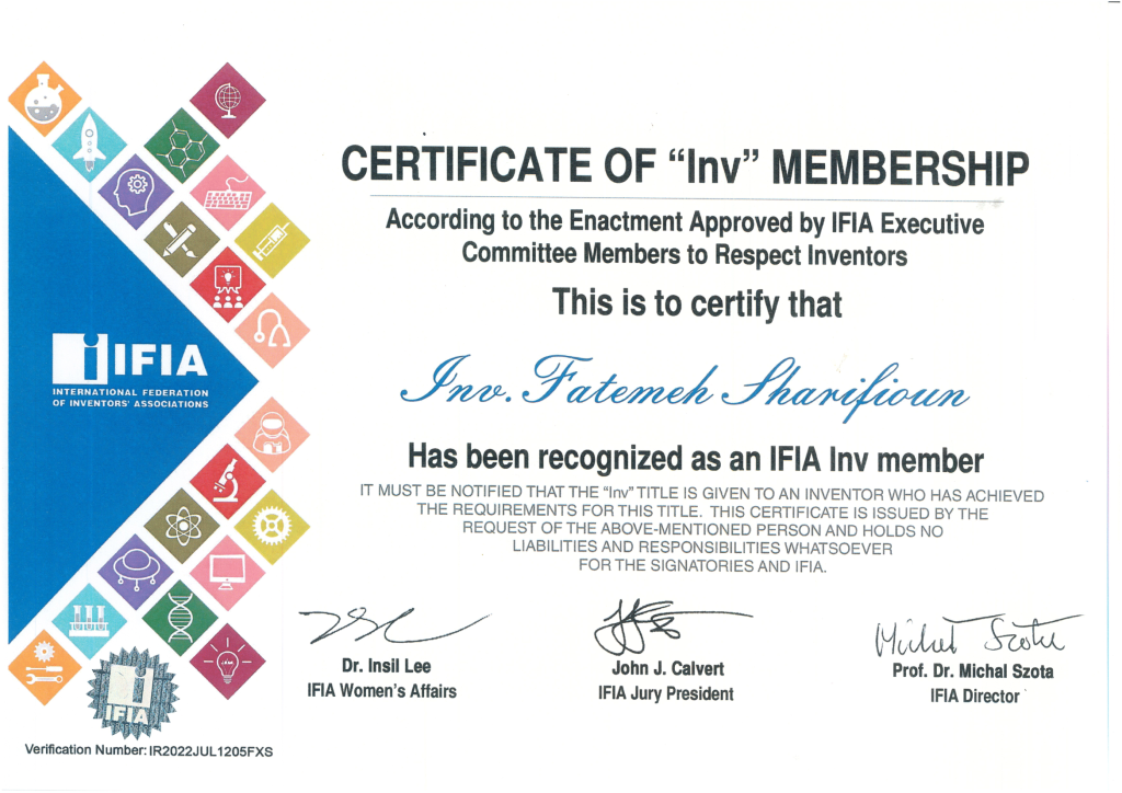 Certificate and Awards - Inv. Bahareh Sharifioun